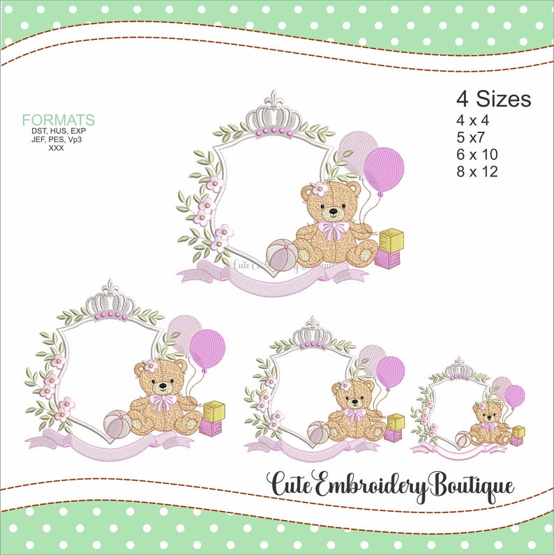 CUTE BEAR FRAME, Embroidery Design, Bear-baby Girl Embroidery File ...