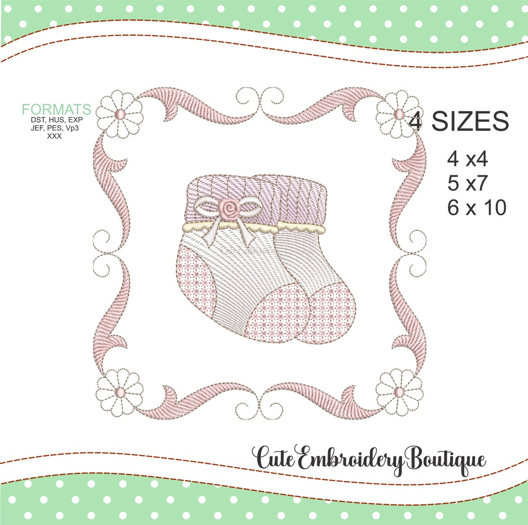 Baby Socks Frame Embroidery Design: Rippled Stitch (instant Download ...