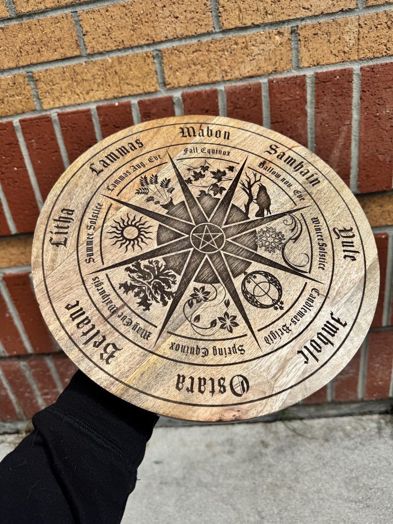 Wood Altar Table 12" Round Wheel of the Year With Pentagram - Etsy