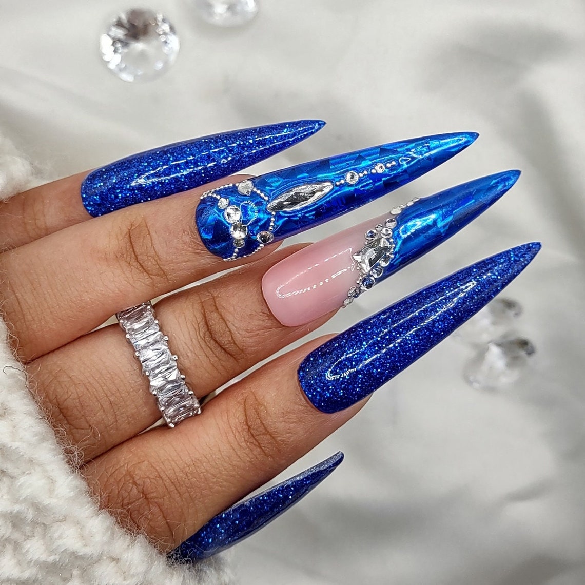 Blue Bling Handmade Luxe Press-on Nail Set Free Application Kit ...