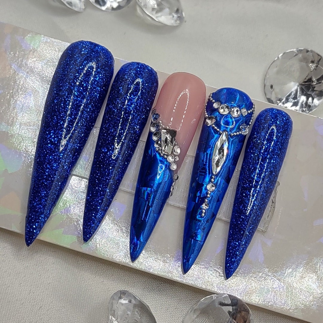 Blue Bling Handmade Luxe Press-on Nail Set Free Application Kit ...