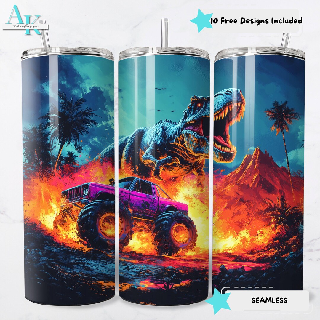 Dino Monster Truck Tumbler Wrap: T-rex Sublimation Design (PNG Digital ...