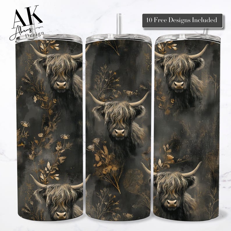 Highland Cow Pattern Tumbler Wrap PNG | Highlander 20oz Skinny Tumbler ...
