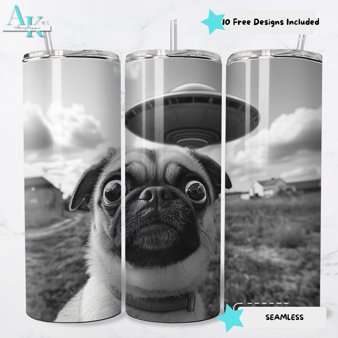 Cute Pug UFO 20oz Tumbler Wrap, Funny Dog Alien Sublimation Design ...