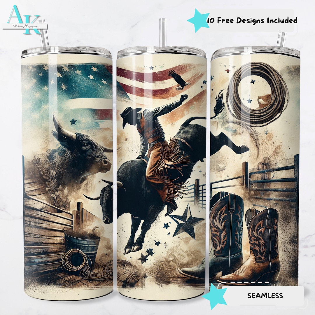 Western Cowboy Tumbler Wrap PNG | Bull Rider 20oz Skinny Sublimation ...