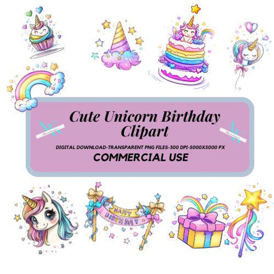 Cute Birthday Unicorn Clipart, Commercial Use, Unicorn Png ,300 DPI ...