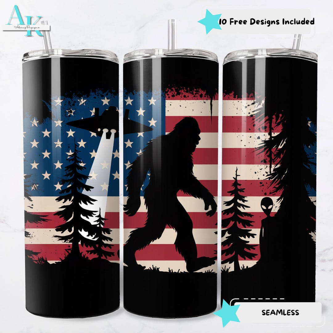 Bigfoot Alien American Flag 20oz Tumbler Wrap, Sublimation Design PNG ...