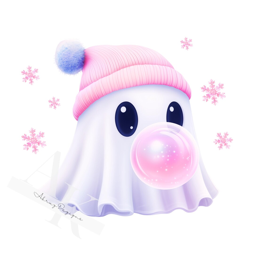 Beanie Bubblegum Blowing Ghost With Beanie & Snowflakes-adorable Pink ...