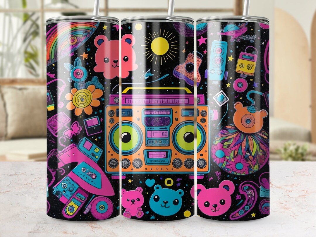 Retro Boombox Skinny Tumbler Wrap, Cute Bear Digital Design, Neon 80s ...
