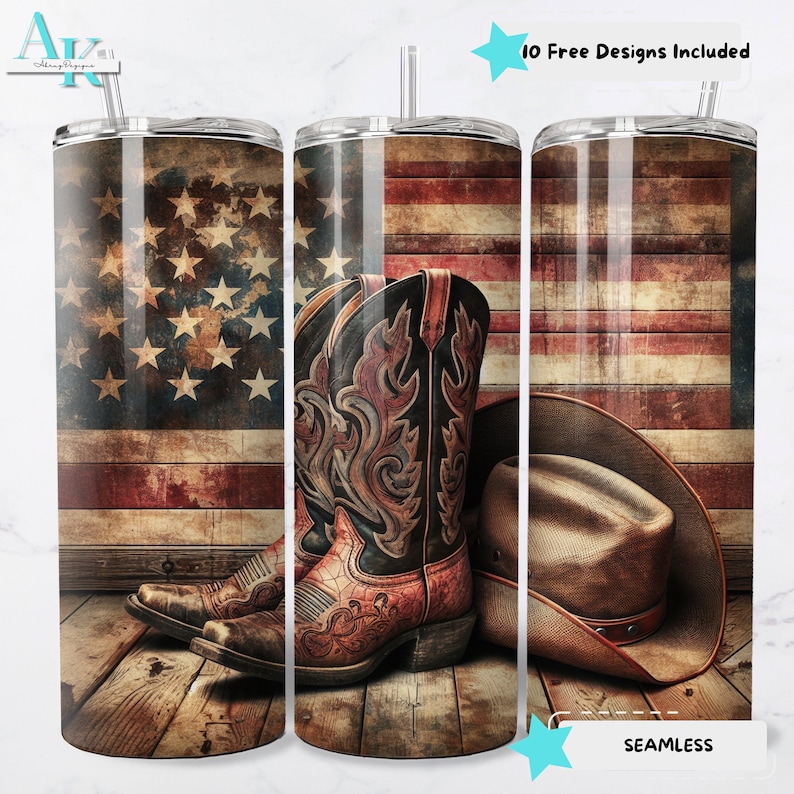 Western Cowboy Boots Hat USA Flag Tumbler Wrap PNG, Patriotic 20oz ...