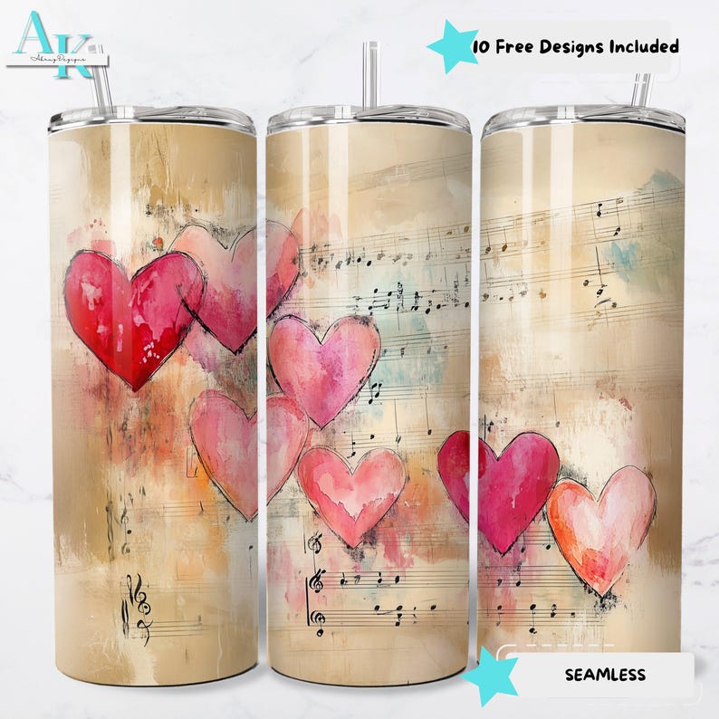 Valentine Heart Music Notes 20oz Sublimation Tumbler Wrap PNG ...