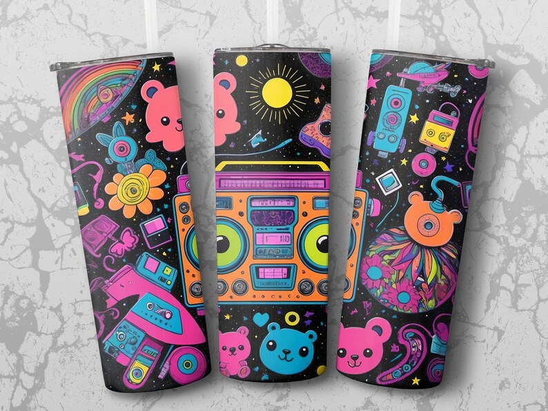 Retro Boombox Skinny Tumbler Wrap, Cute Bear Digital Design, Neon 80s ...