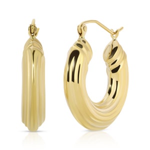 14k Gold Chunky Hoops, 14k Real Gold Hoops With Textured Design, Unique ...