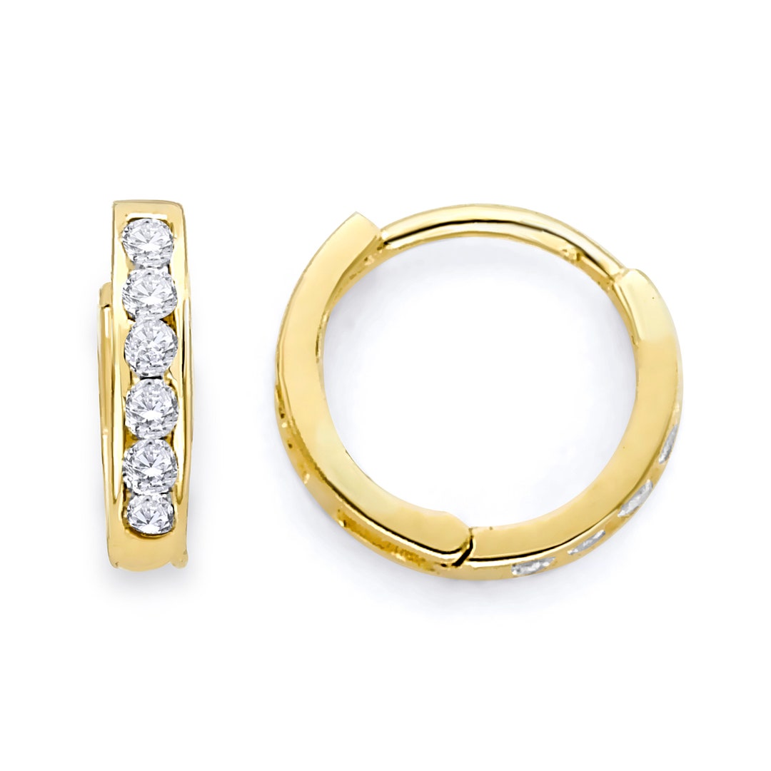 14k Solid Gold Huggies With Cubic Zirconia Stones / CZ Huggie Earrings ...