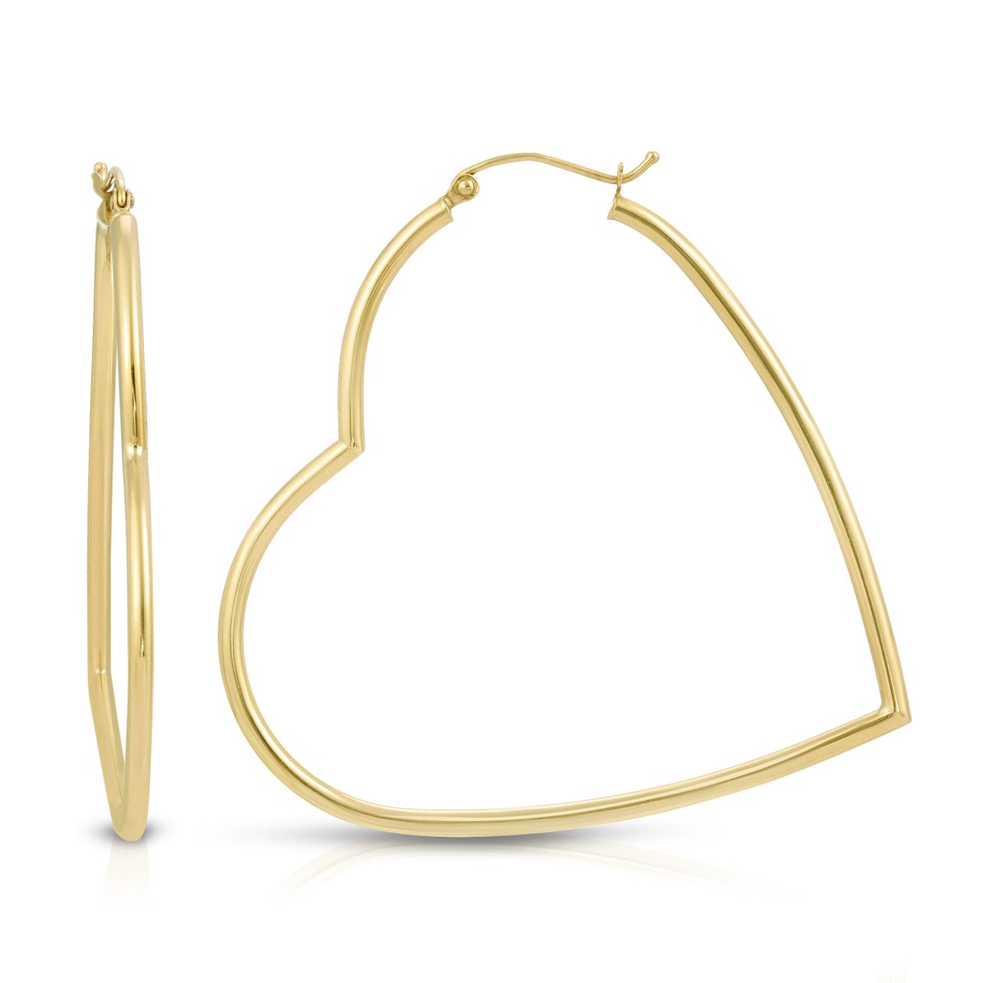 14k Real Gold Heart Tube Hoop Earrings, Gold Heart Hoops, Gold Heart ...