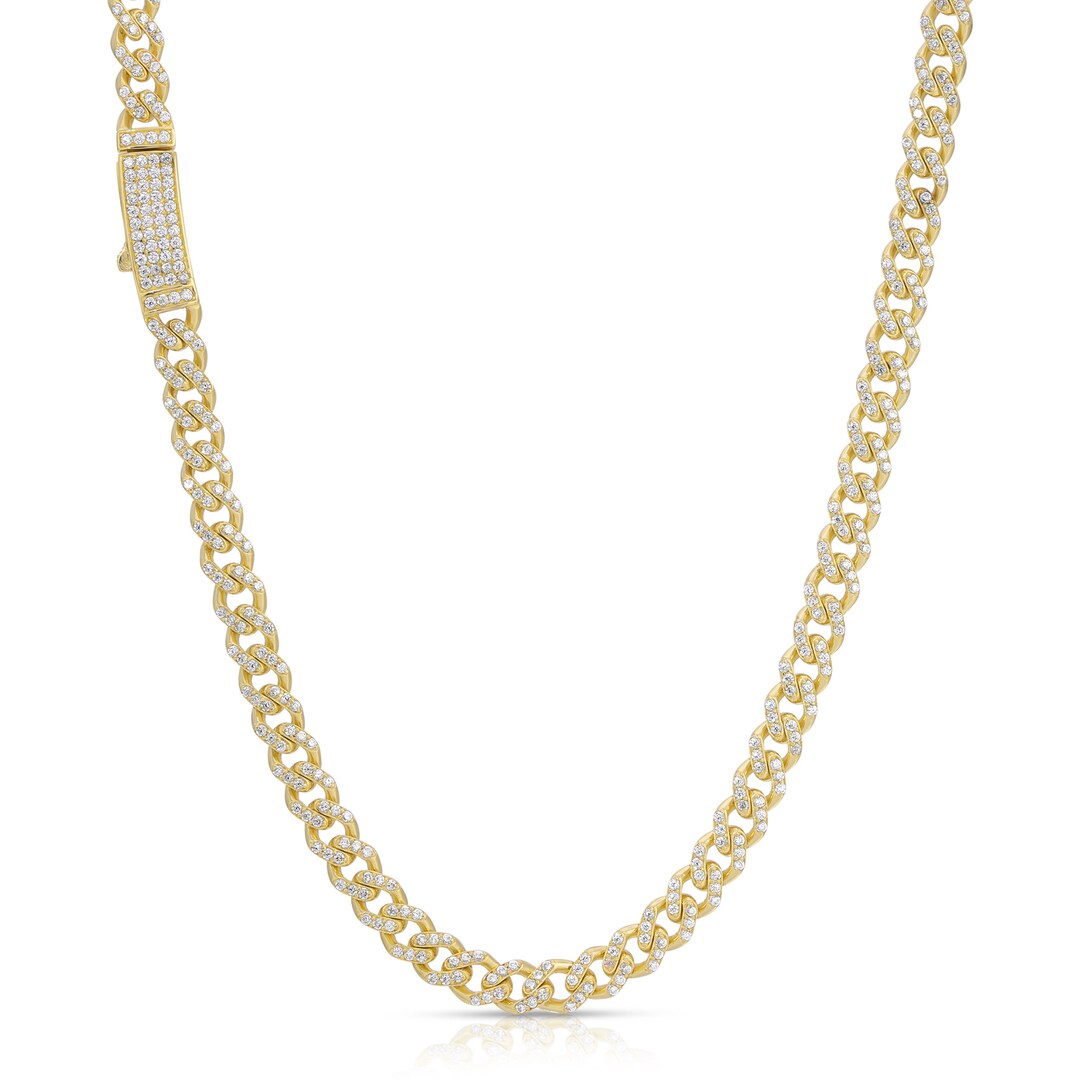 14k Solid Gold 5mm Monaco Chain Necklace With Cubic Zirconia Stones ...