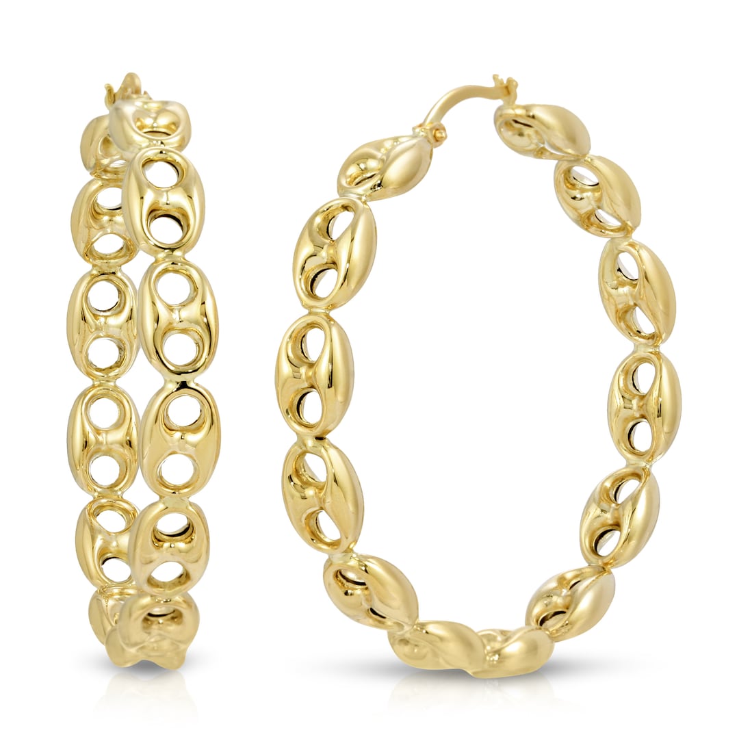 Real 14k Gold Puff Mariner Hoop Earrings / Puff Mariner Hoops / Chain ...