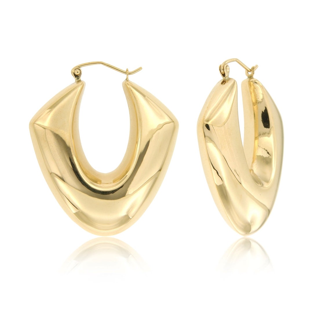 14k Real Gold Elongated V-shaped Hoop Earrings / Chunky Gold Hoops ...