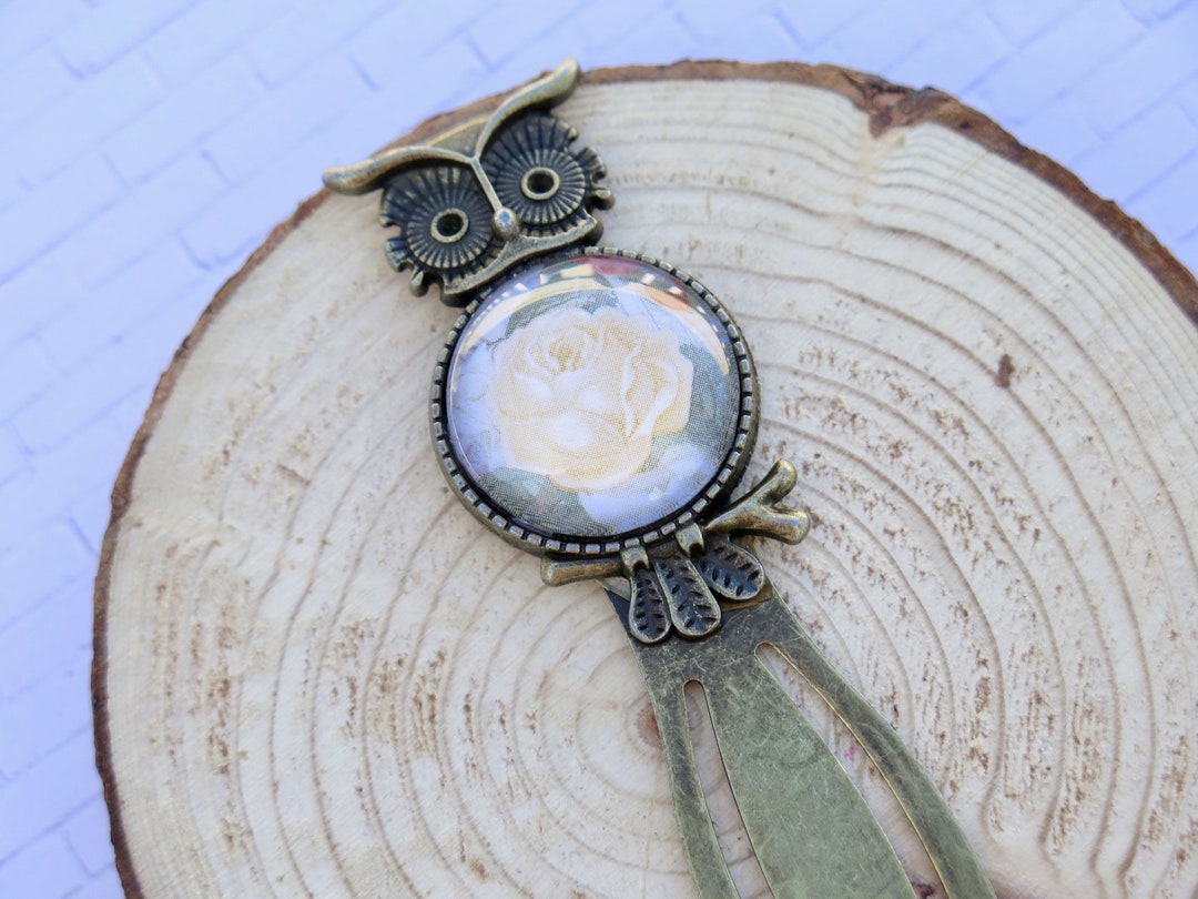 Bronze Tone Metal Owl Bookmark With Rose Accent Glass Cabochon Bookmark ...