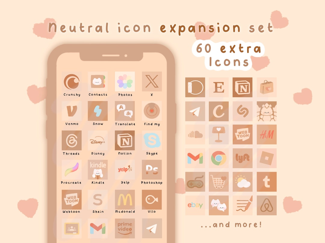 Neutral App Icons Expansion Set: Kawaii Hand-drawn Home Screen (60 ...
