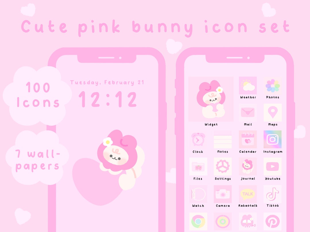 Cute Pink Bunny Icon Set Ios & Android App Icons Cute - Etsy