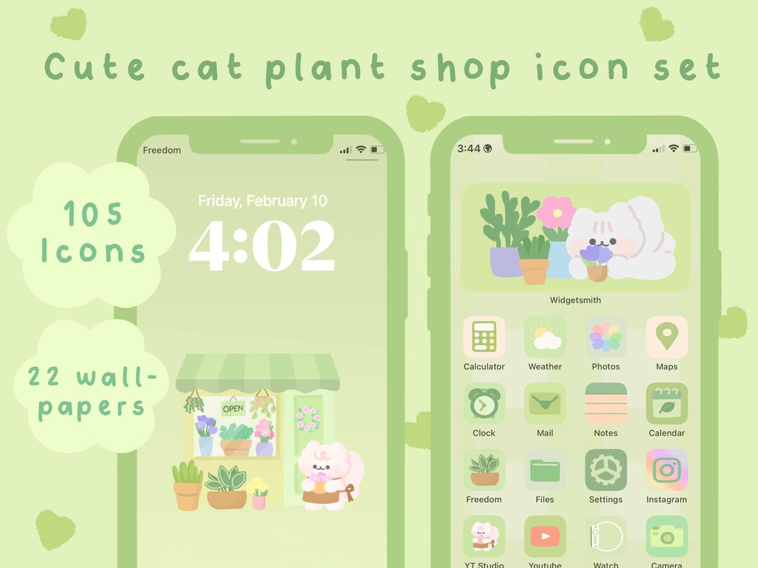 Cute Cat Plant Shop Green Icon Set Ios & Android App Icons - Etsy