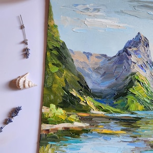 Milford Sound Oil Painting: New Zealand Mountain Landscape Art (10x10 ...