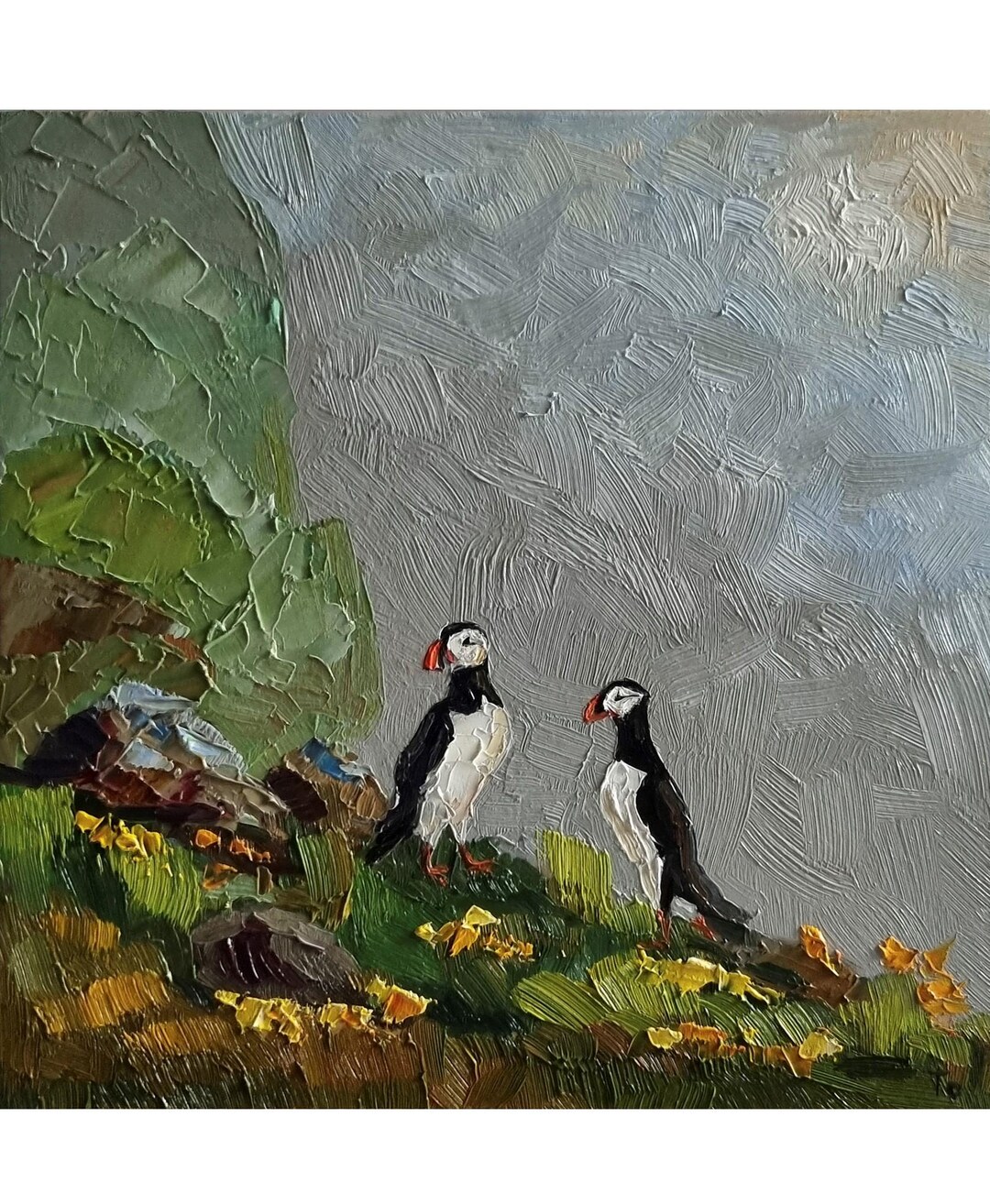 Original Puffin Oil Painting: Iceland Seascape Wall Art (10x10 In) - Etsy