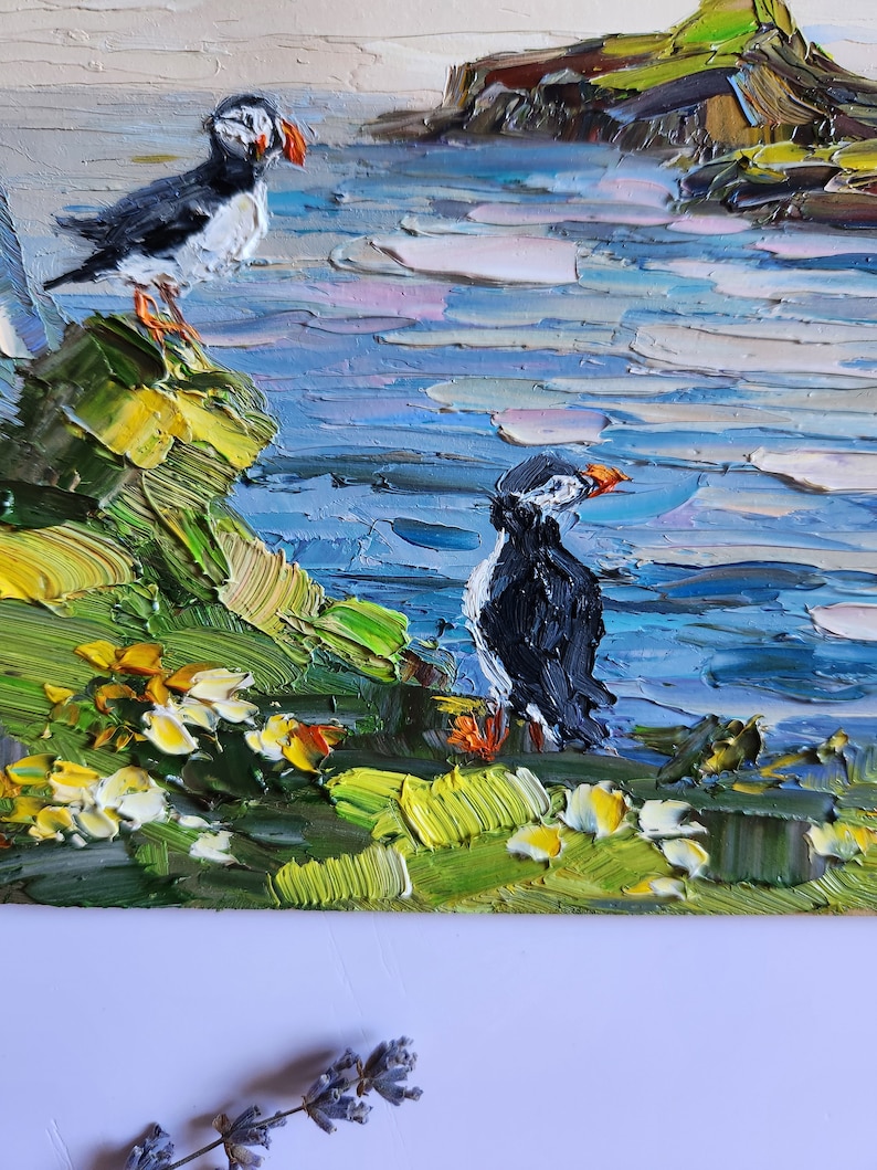 Original Puffin Oil Painting: Iceland Seascape Wall Art (8x8) - Etsy