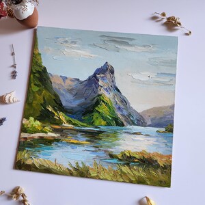 Milford Sound Oil Painting: New Zealand Mountain Landscape Art (10x10 ...