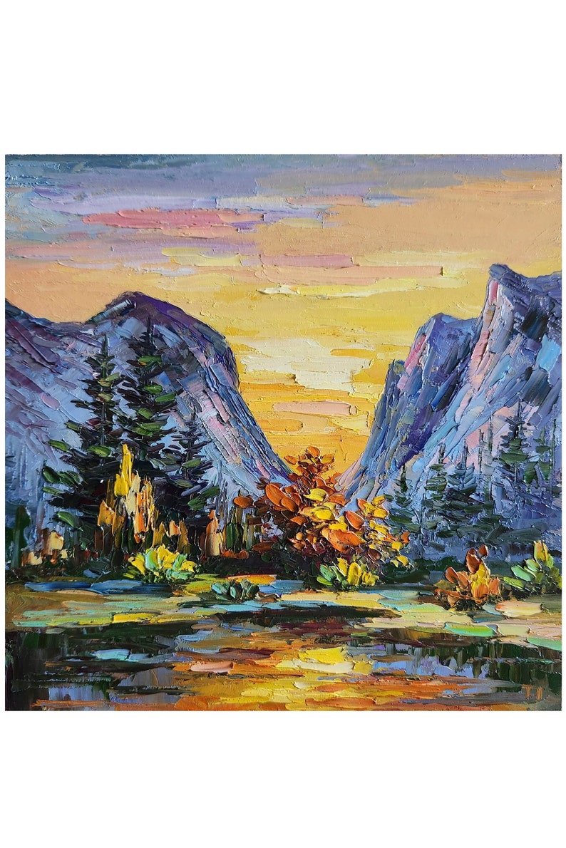 Yosemite Sunset Painting, Palette Knife Oil Landscape (10x10 Inches) - Etsy