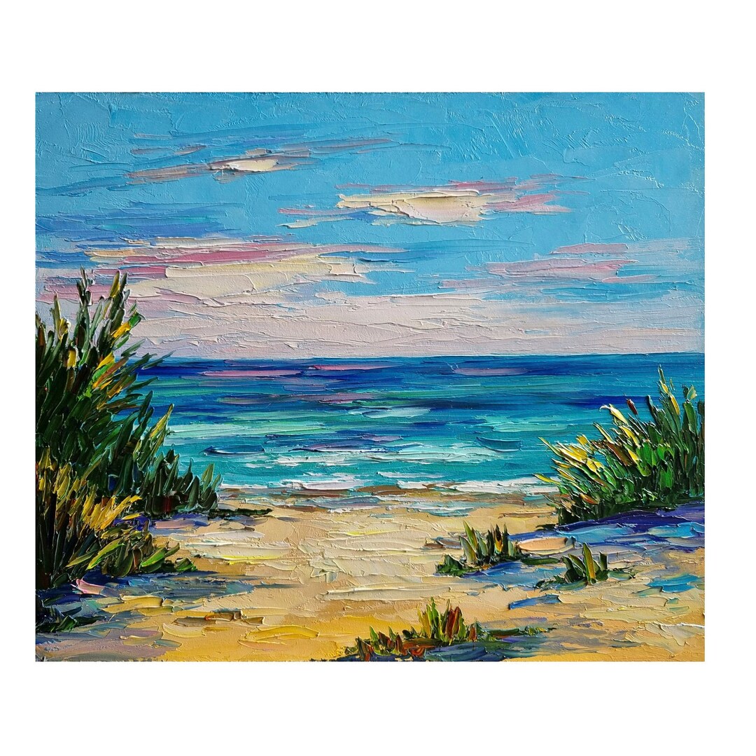 Original Impasto Seascape Painting, Beach Grass Field Artwork (11x13 In ...