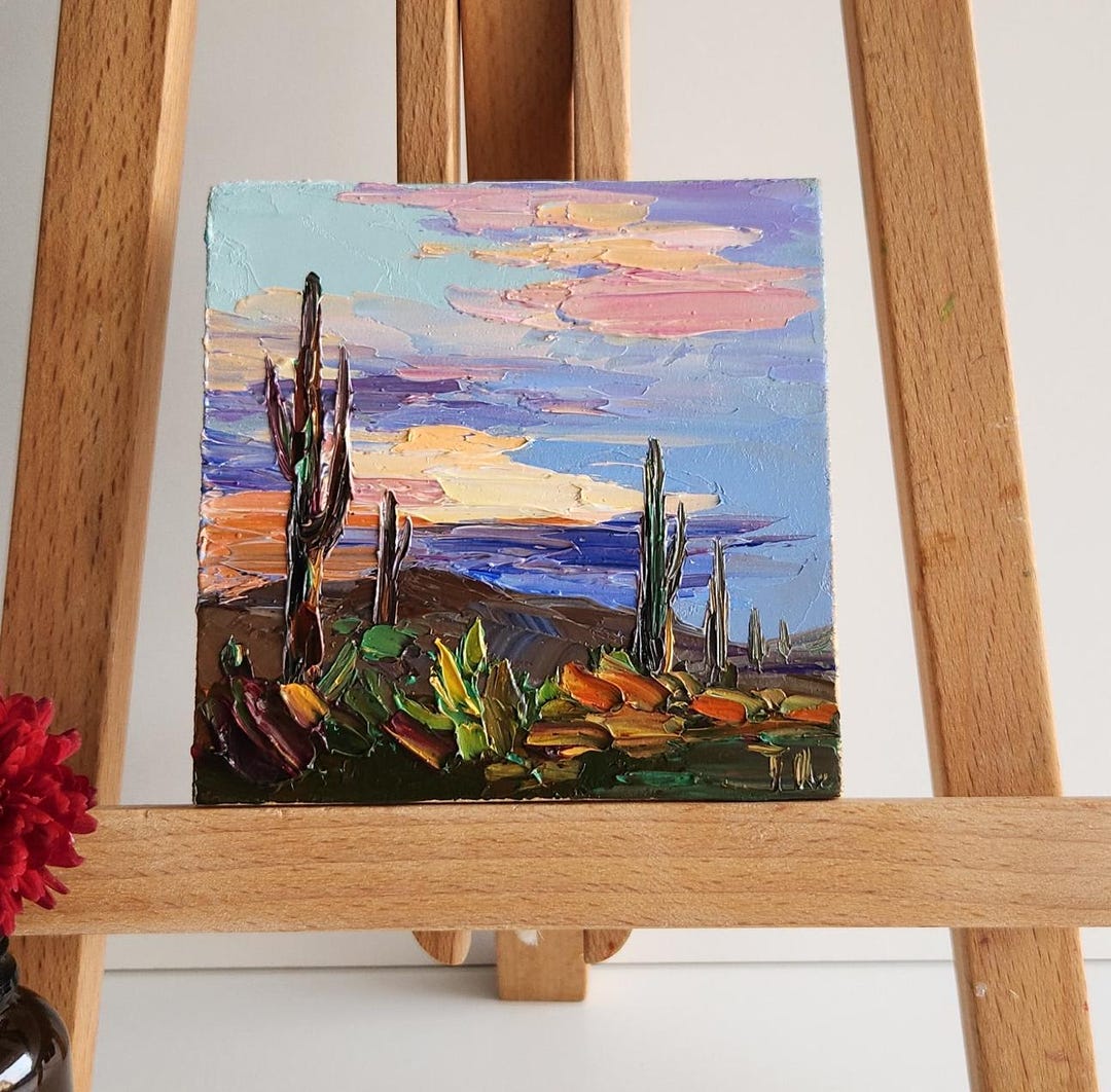 Sonora Desert Art: Impasto Cactus Sunset, Arizona Landscape Painting ...