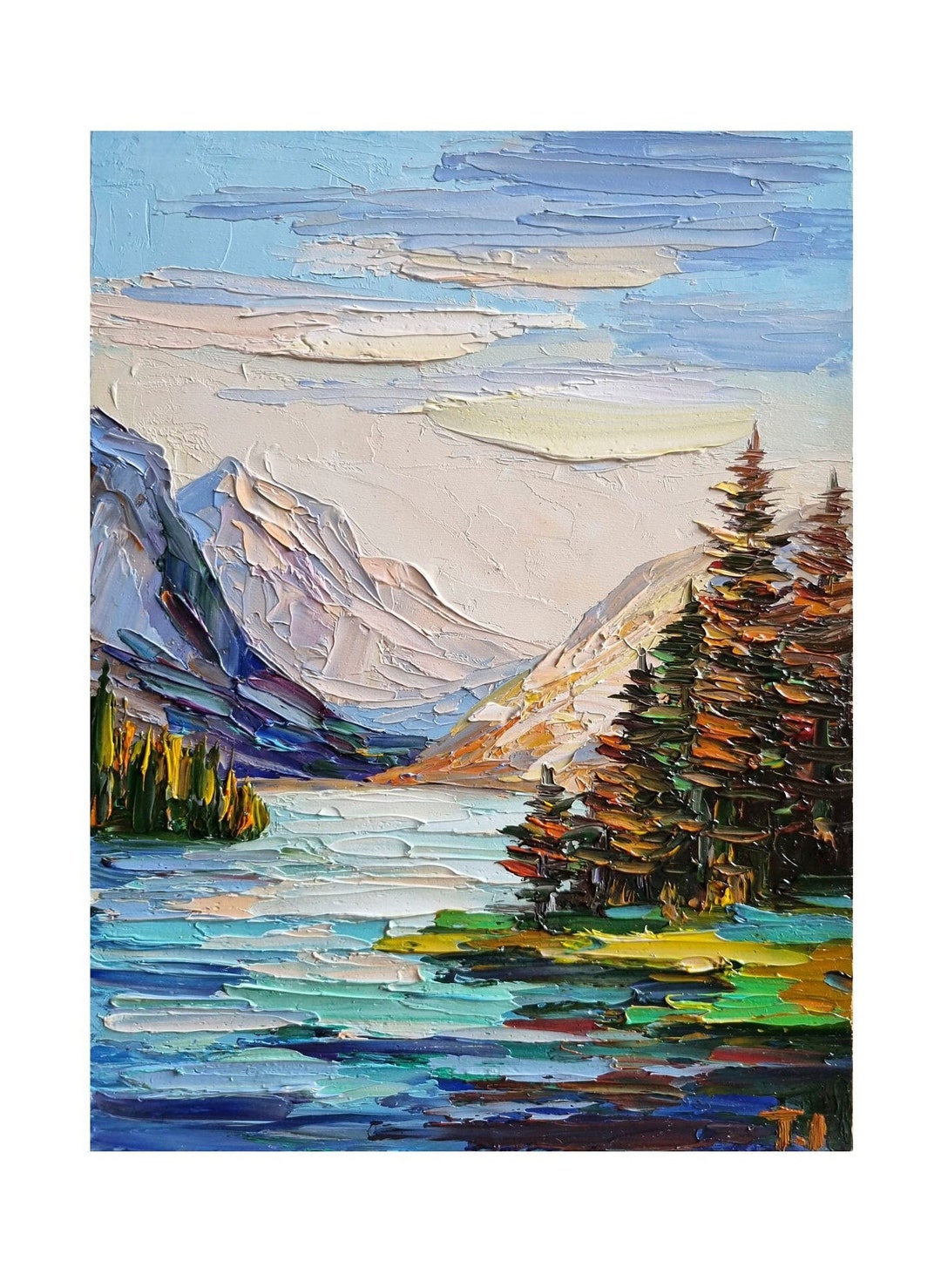 Jasper National Park Painting, Palette Knife Mountain Landscape Art ...
