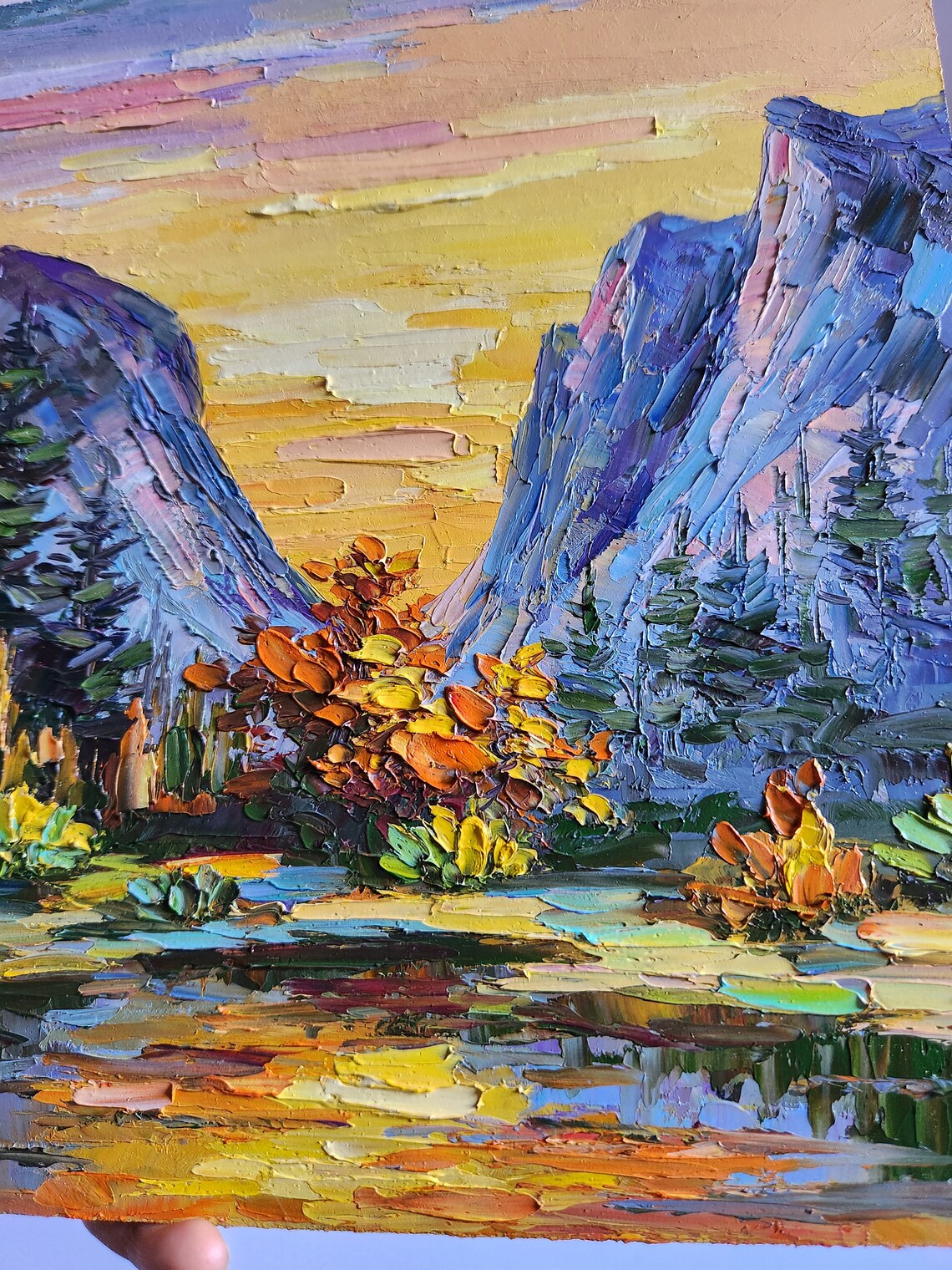 Yosemite Sunset Painting, Palette Knife Oil Landscape (10x10 Inches) - Etsy