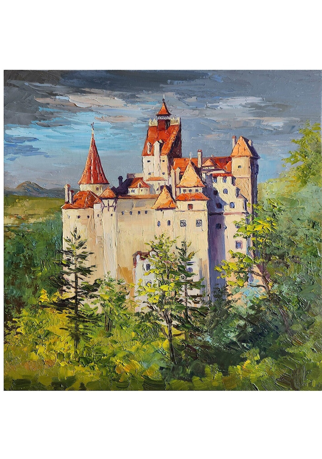 Bran Castle Painting: Romania Landscape, Palette Knife Oil Painting ...