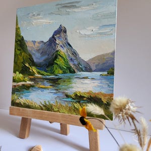 Milford Sound Oil Painting: New Zealand Mountain Landscape Art (10x10 ...