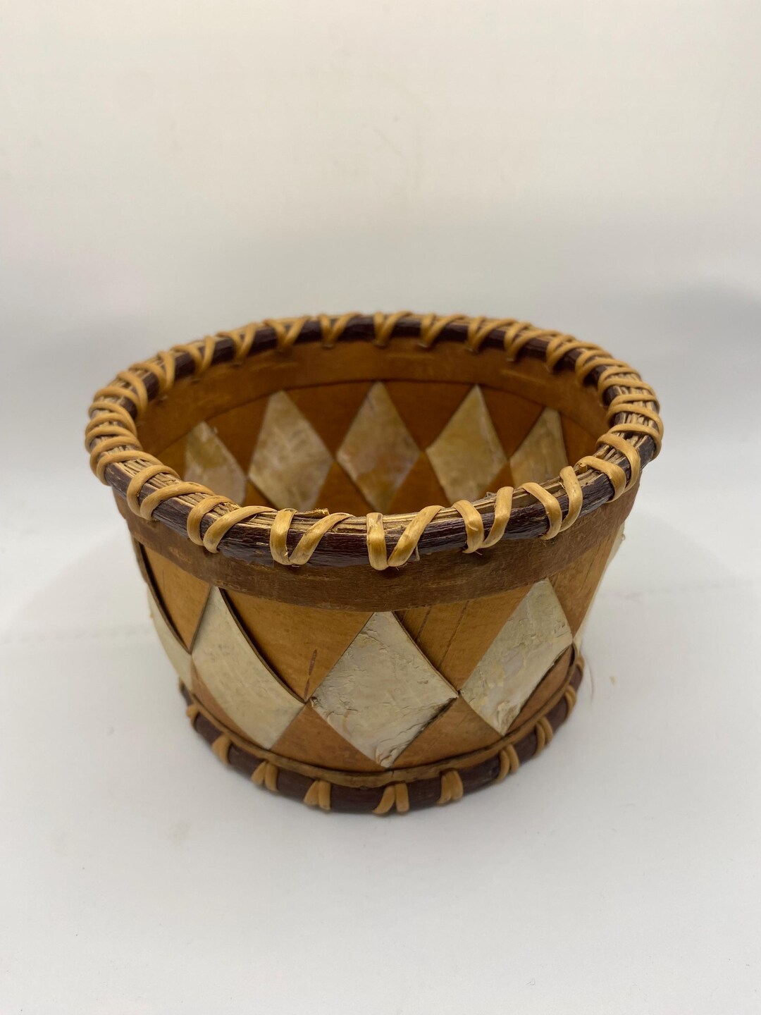 Vintage Signed Birch Bark Basket: Hand Woven Diamond Design by Bernice ...