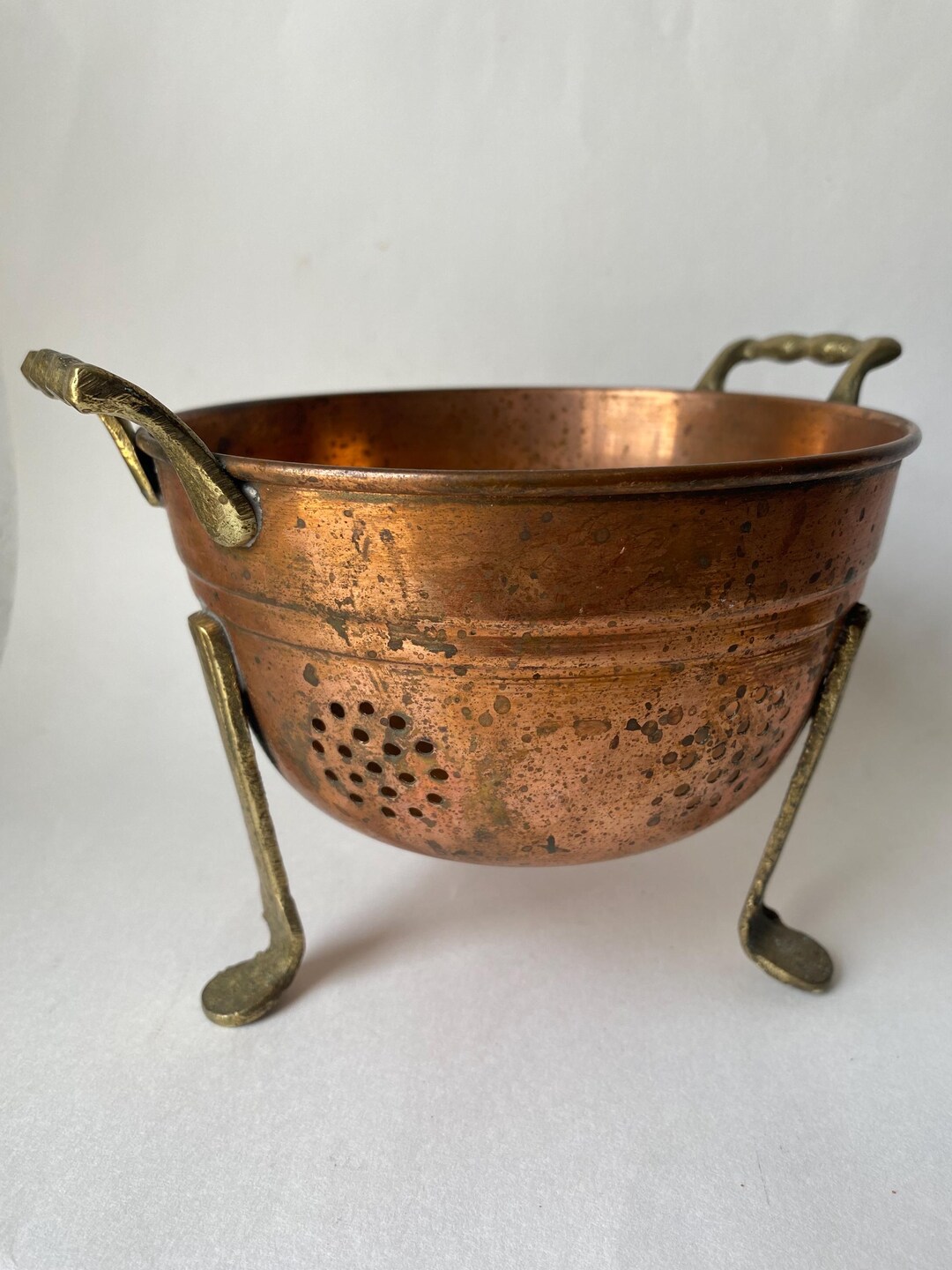 Vintage Copper & Brass Footed Kitchen Colander With Handles, Country ...