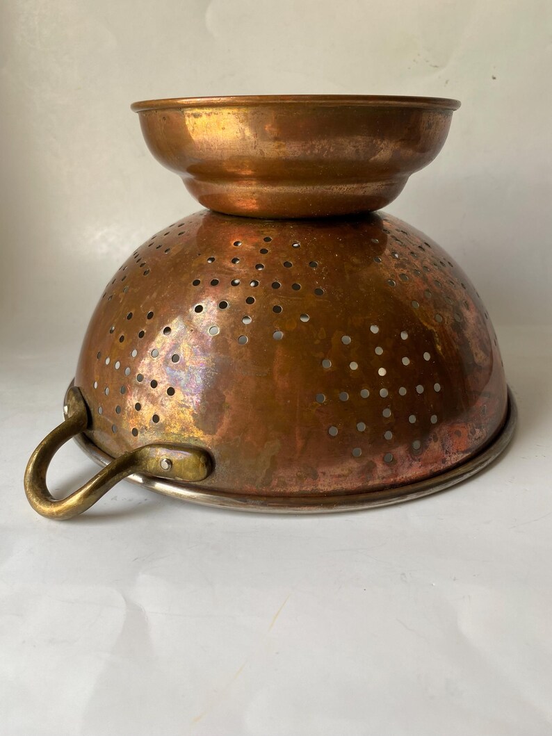 Vintage Solid Copper Colander With Brass Handles and Lifted Pedestal ...