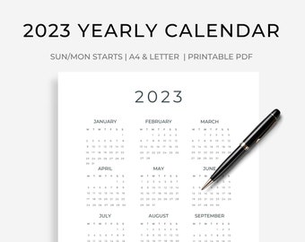 2023 Year Calendar Printable, Yearly Wall Calendar, Desk Calendar ...