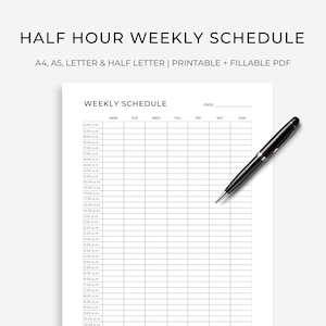 Half Hour Weekly Schedule, Weekly Planner Printable, Week at a Glance ...