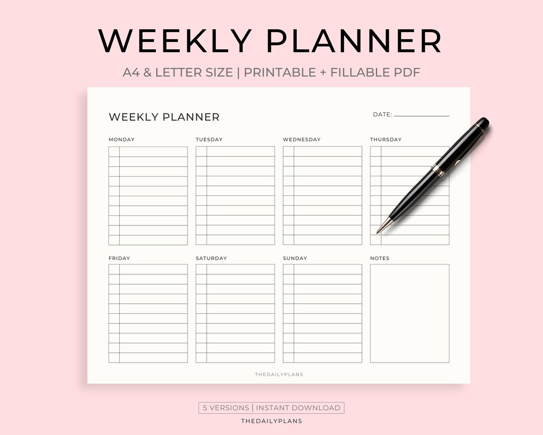 Weekly Planner Printable Landscape, Minimalist Weekly Schedule, Week at ...