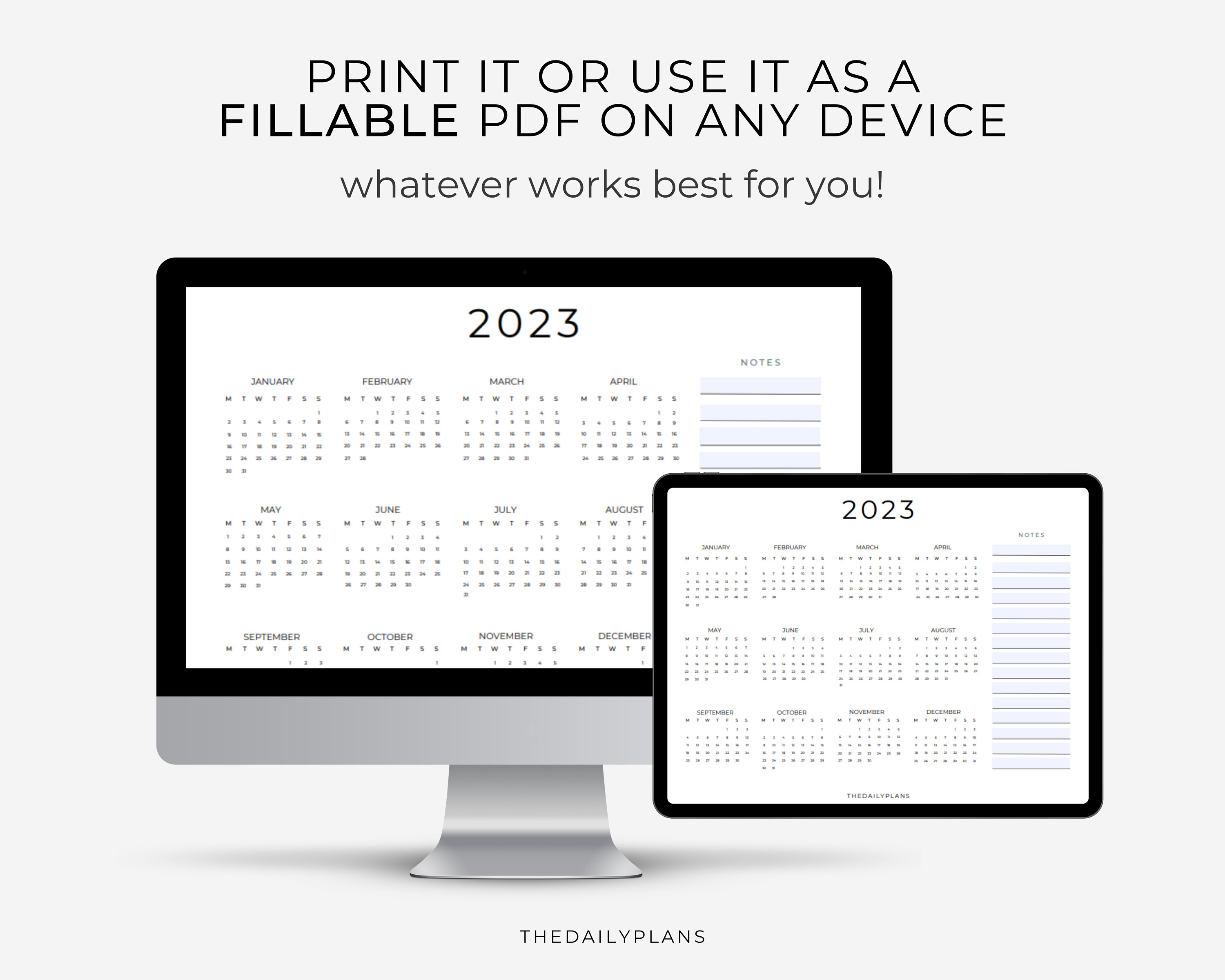 2023 Year Calendar With Notes, Landscape, Printable Calendar Template ...