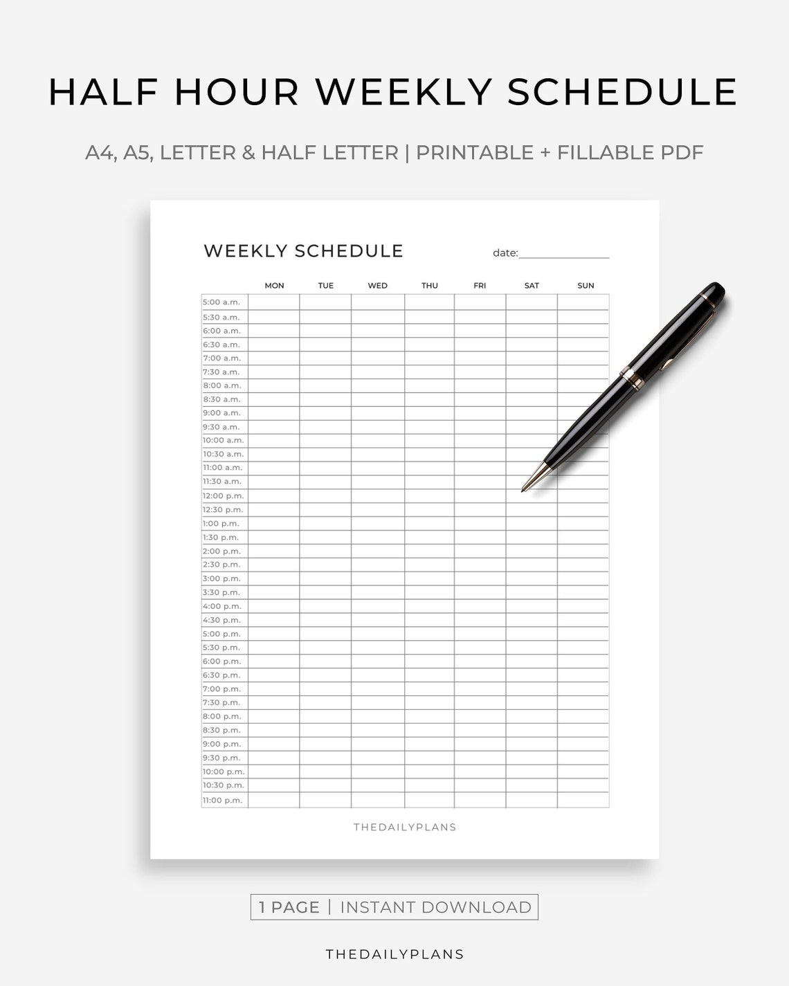 Half Hour Weekly Schedule, Weekly Planner Printable, Week at a Glance ...