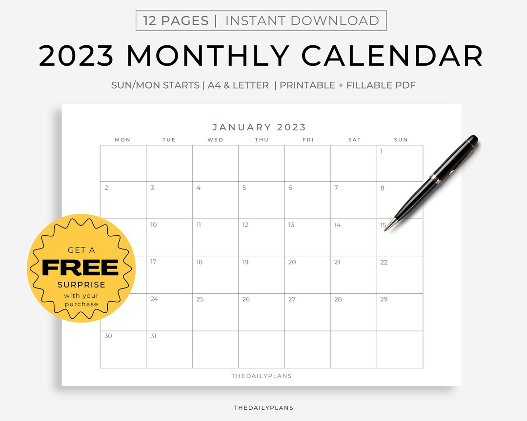 2023 Monthly Calendar Landscape, Printable Calendar Template ...