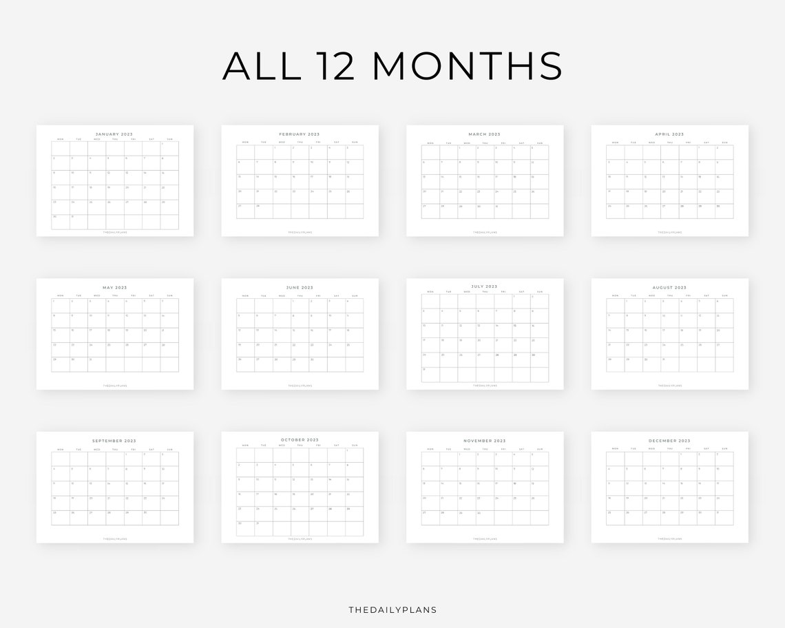 2023 Monthly Calendar Landscape, Printable Calendar Template ...