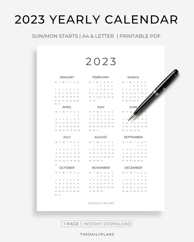 2023 Year Calendar Printable, Yearly Wall Calendar, Desk Calendar ...