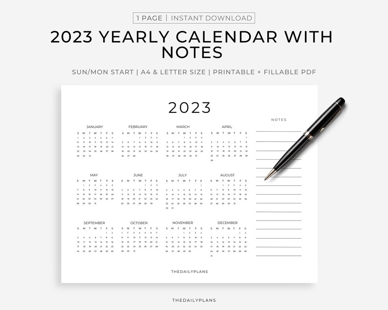 2023 Year Calendar With Notes, Landscape, Printable Calendar Template ...
