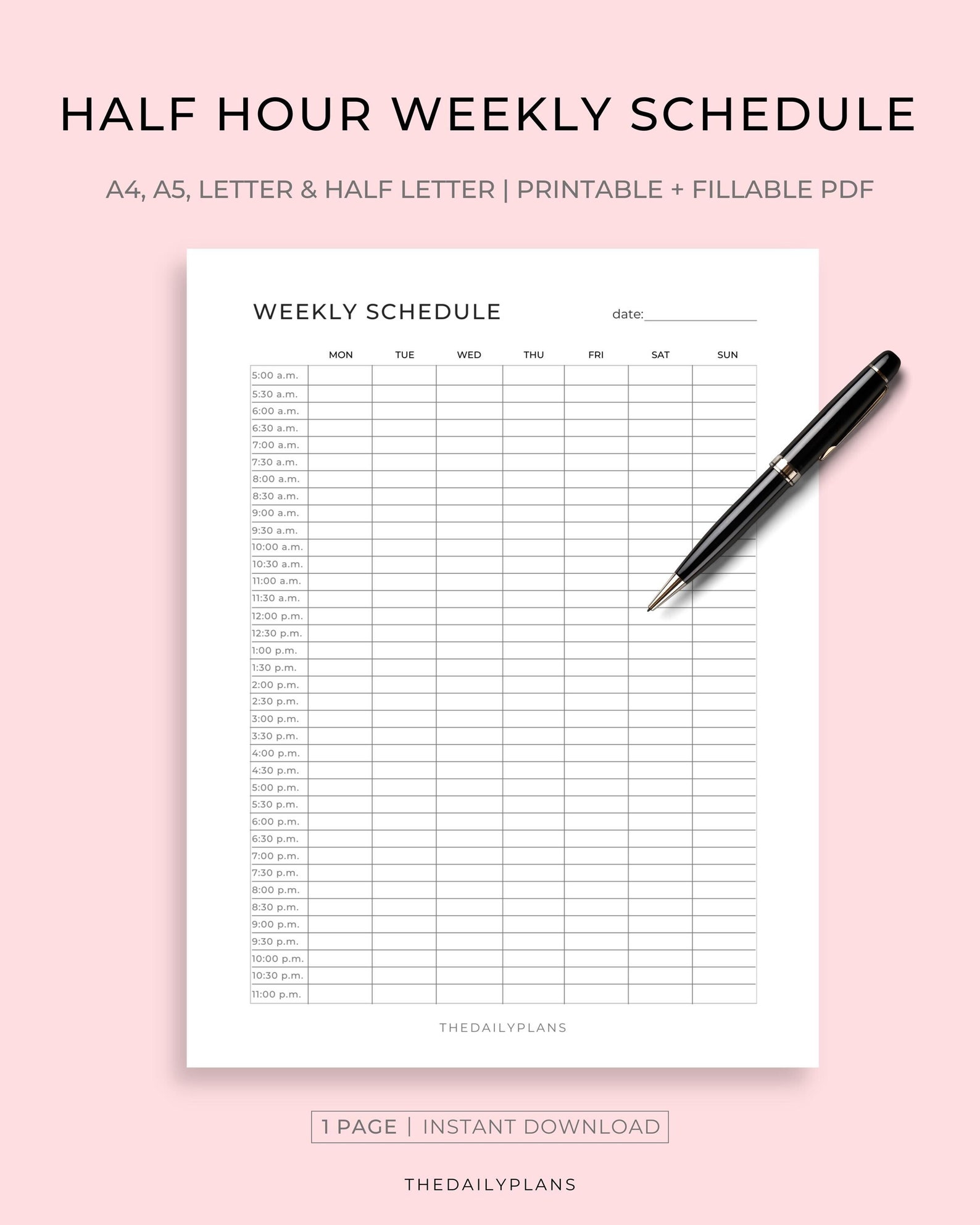 Half Hour Weekly Schedule, Weekly Planner Printable, Week at a Glance ...